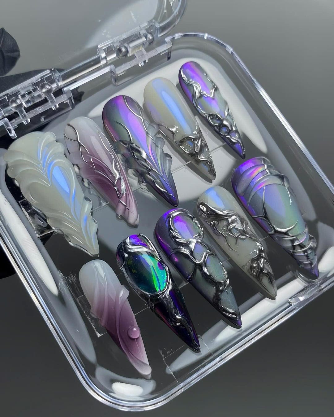 Mystical Press on Nails | Intricate 3D Nail Art | Silver & Purple ...