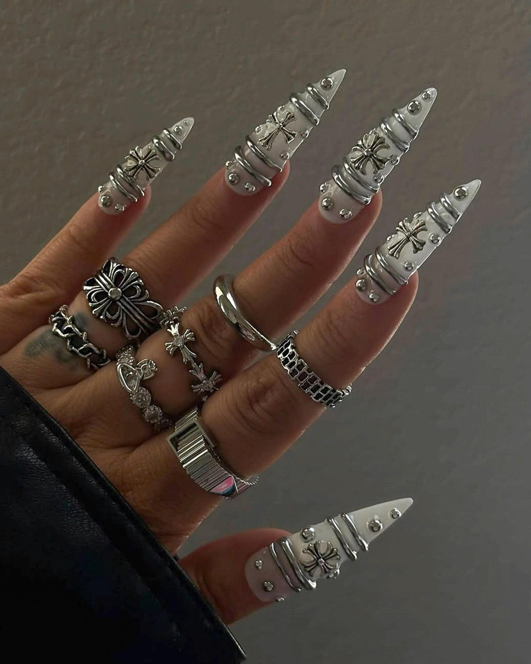 Gothic Punk Rock Nails, Gothic Cross Press on Nails, Metal 3D White ...