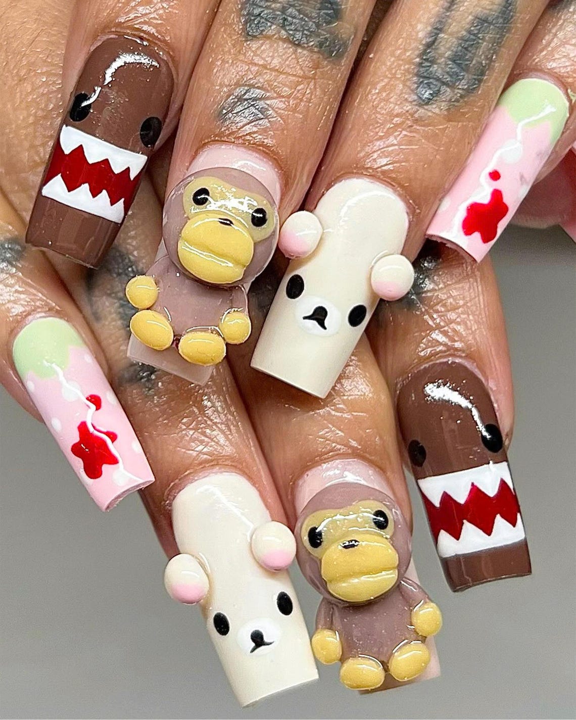 Kawaii Cartoon Character Press on Nails, 3D Cartoon Domo Kun, Bear ...