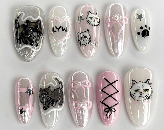 Pink Sugar Kitty Press on Nail|kawaii Hand Painted Reusable Nails|cute ...