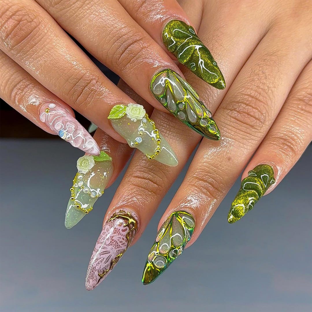 Spring Fairy Tale Nails, Green Nail Art With Fairycore Vibes, Dreamy ...
