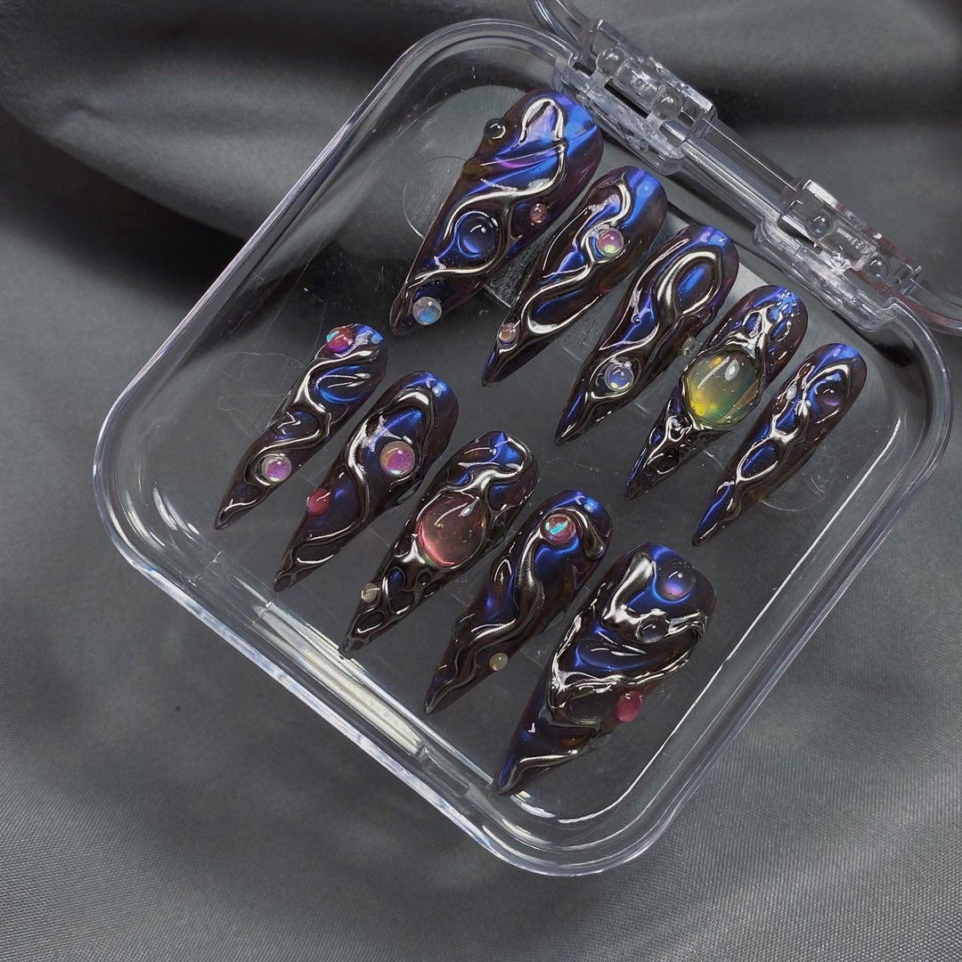 Galactic Flow Press-on Nails | Custom Handmade 3D Alien Metallic Nails ...