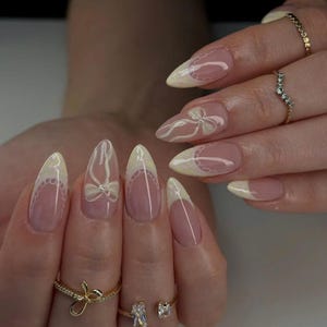 Soft Beige Pastel French Tips Nails, 3D Bows and Lace Tips Fake Nails ...