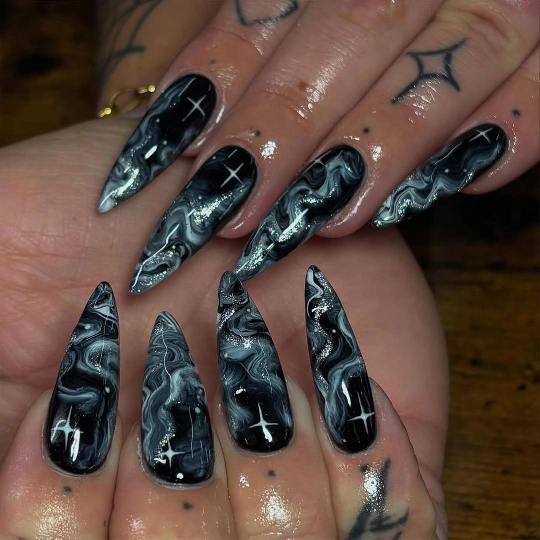 Witchcore Black Marble Press on Nails, Dark Smokey Marble Galaxy Nail ...