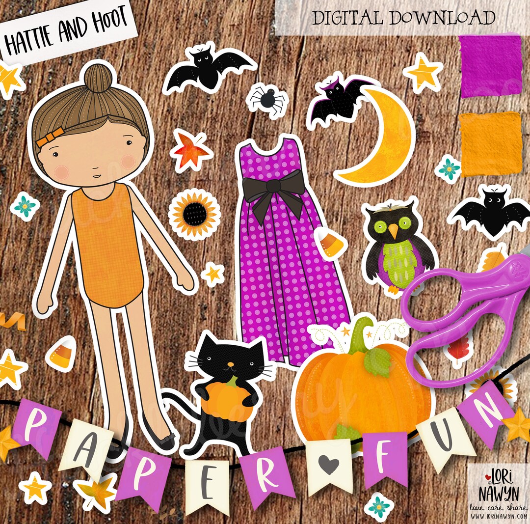 Halloween Paper Doll Printable: Hattie and Hoot Craft Kit (PDF Download ...