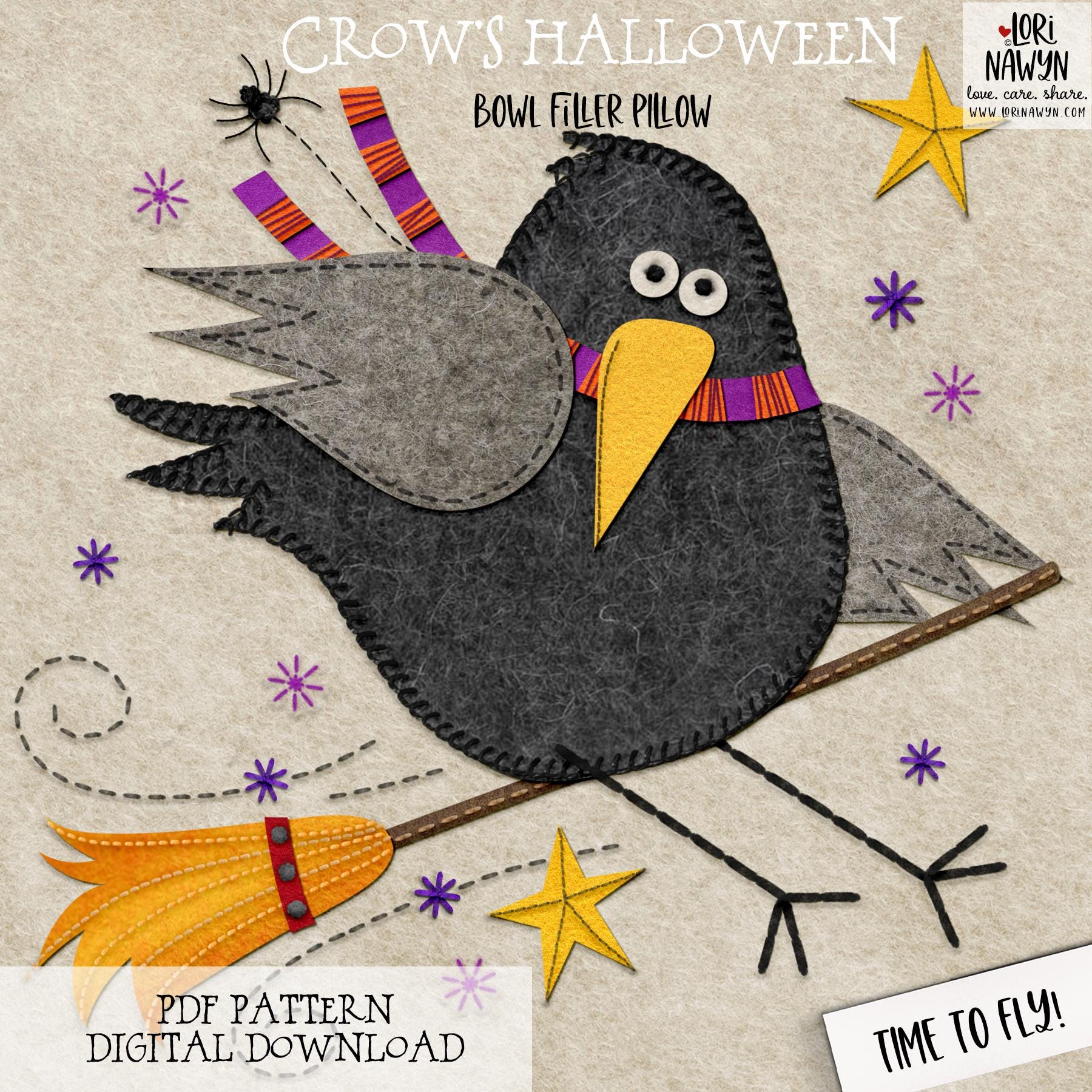 Halloween Crow Embroidery PDF Pattern: Wool Applique Bowl Filler (PDF ...