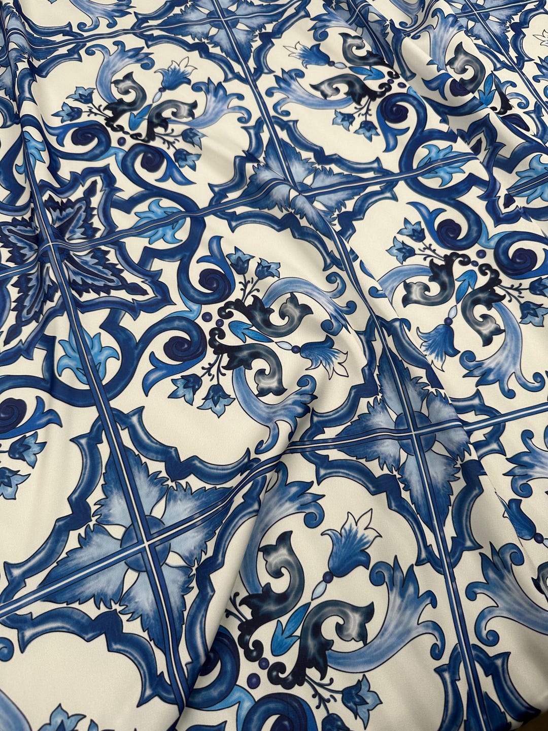 Italian Baroque Print Jessica Crepe Fabric, Blue Color Majolica Print ...