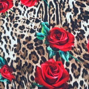 Leopard With Big Red Roses Print Jessica Crepe Fabric, Exotic Animal ...