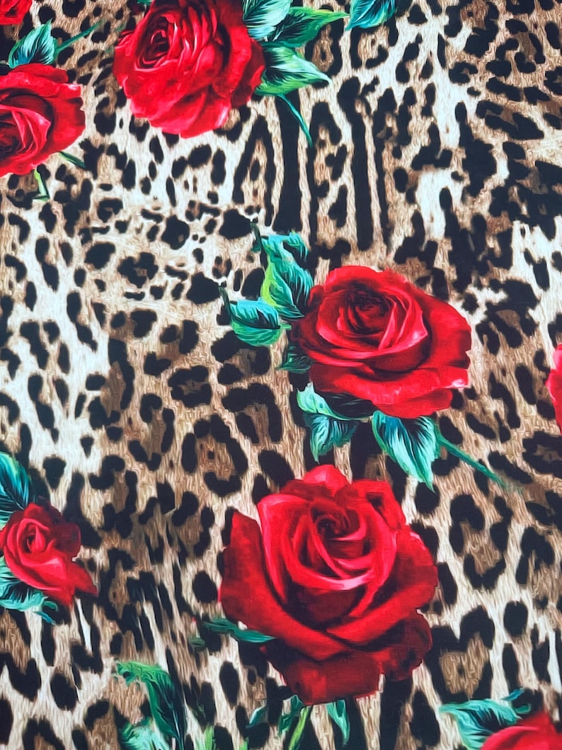 Leopard With Big Red Roses Print Jessica Crepe Fabric, Exotic Animal ...