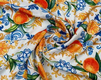 Italian Majolica Print Moss Crepe Fabric, Sicilian Tile Print ...