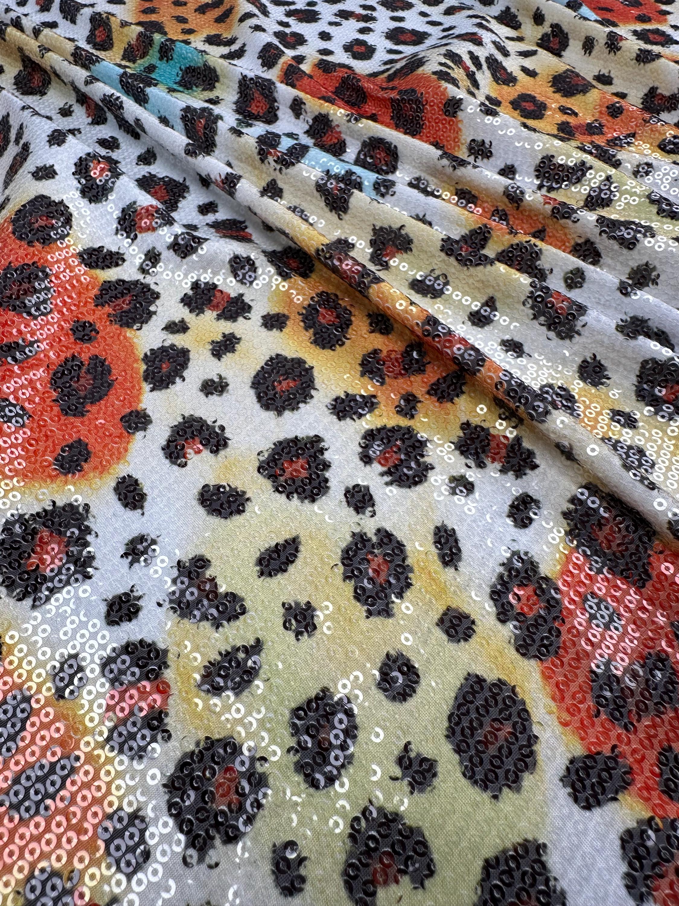 Colorful Leopard Print Sequin Fabric, Exotic Animal Print, Watercolor ...
