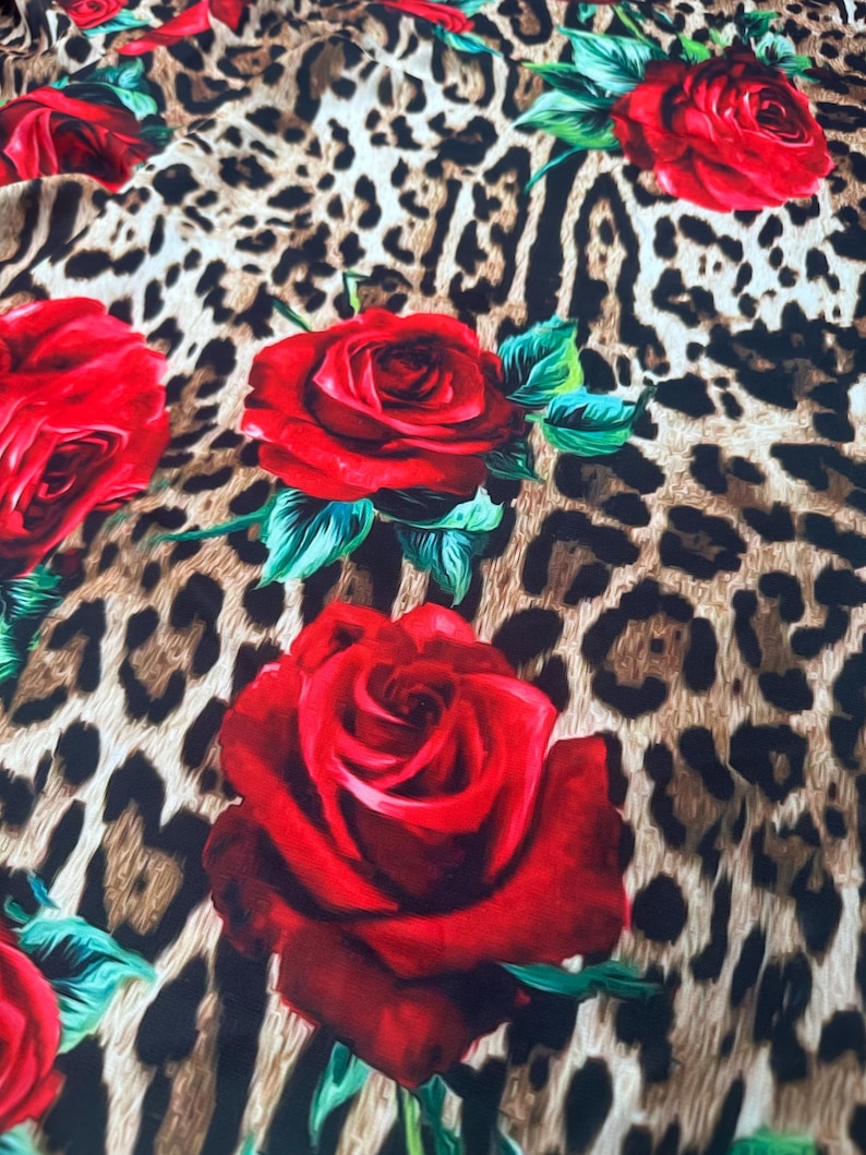 Leopard With Big Red Roses Print Jessica Crepe Fabric, Exotic Animal ...