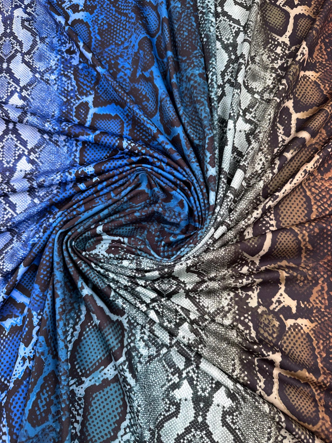 Blue Orange Colored Snake Skin Print Spandex Fabric, Colorful Exotic ...