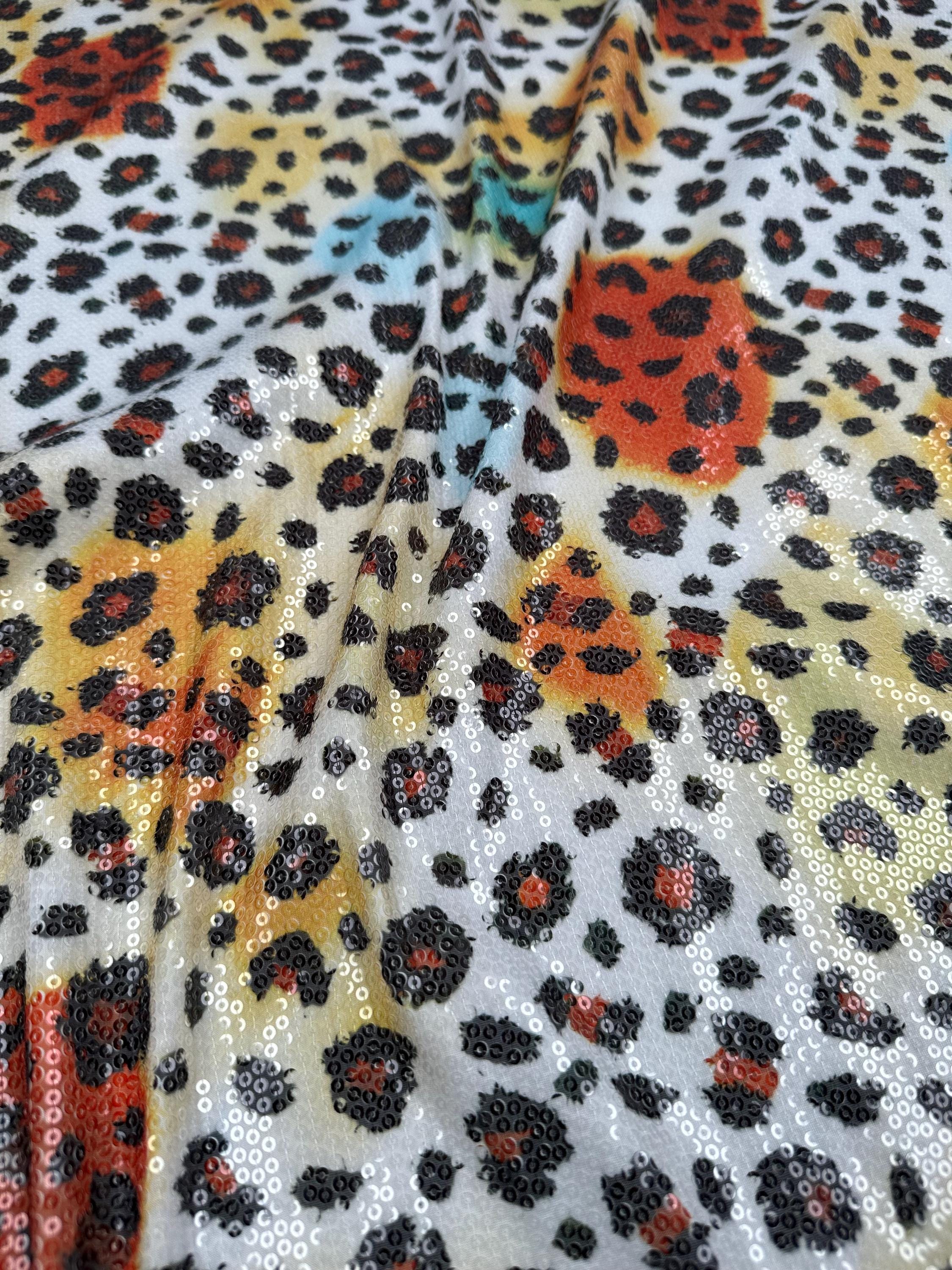 Colorful Leopard Print Sequin Fabric, Exotic Animal Print, Watercolor ...