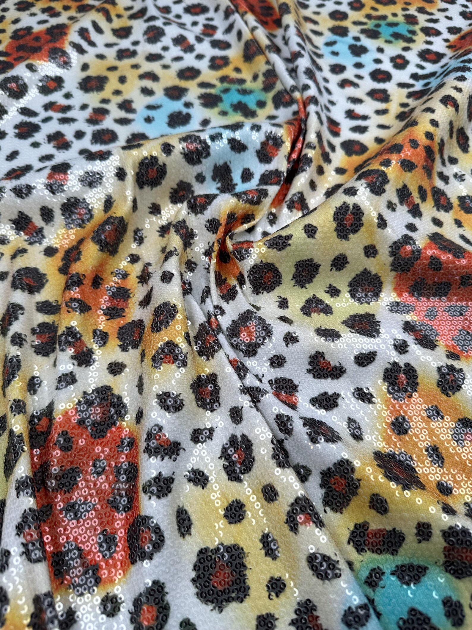 Colorful Leopard Print Sequin Fabric, Exotic Animal Print, Watercolor ...