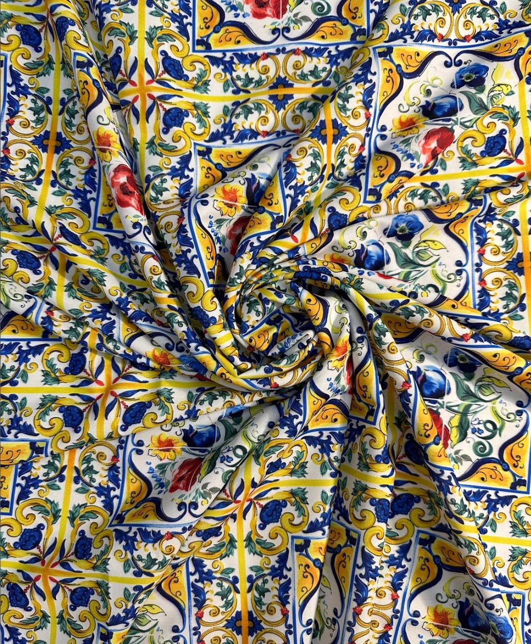 Italian Majolica Print Linen Fabric, Sicilian Tile Print, Watercolor ...