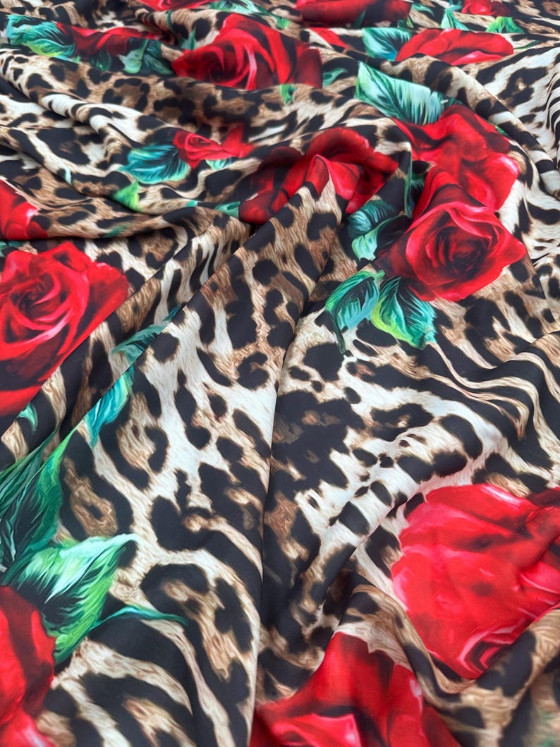 Leopard With Big Red Roses Print Jessica Crepe Fabric, Exotic Animal ...