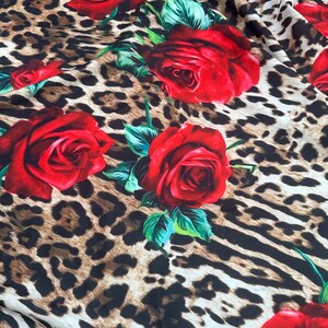 Leopard With Big Red Roses Print Jessica Crepe Fabric, Exotic Animal ...