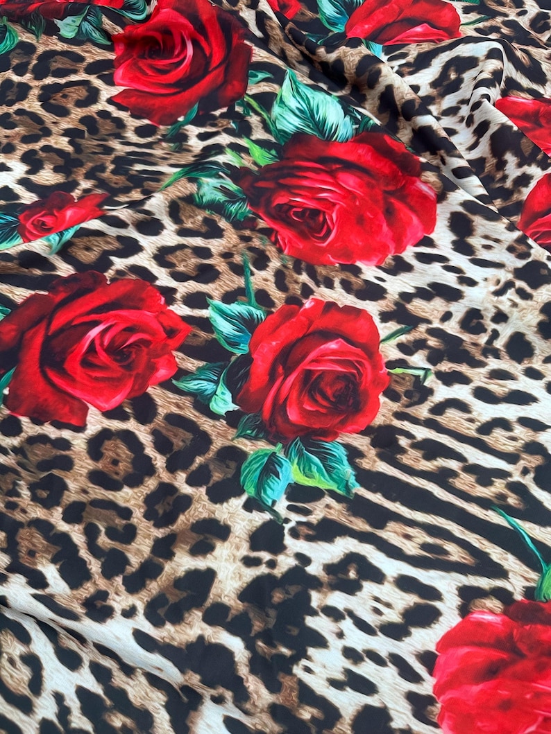 Leopard With Big Red Roses Print Jessica Crepe Fabric, Exotic Animal ...