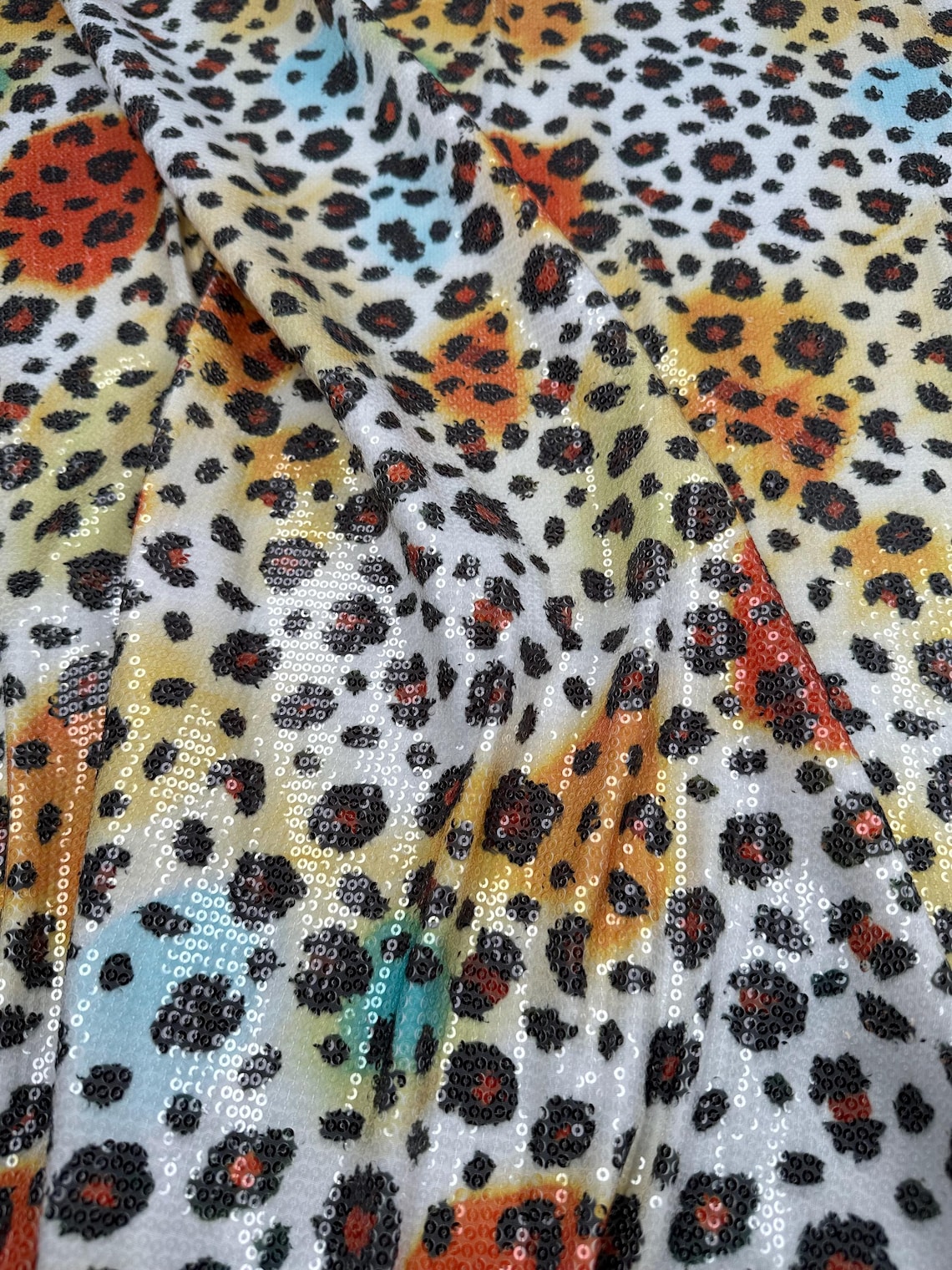 Colorful Leopard Print Sequin Fabric, Exotic Animal Print, Watercolor ...