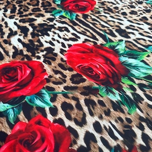 Leopard With Big Red Roses Print Jessica Crepe Fabric, Exotic Animal ...
