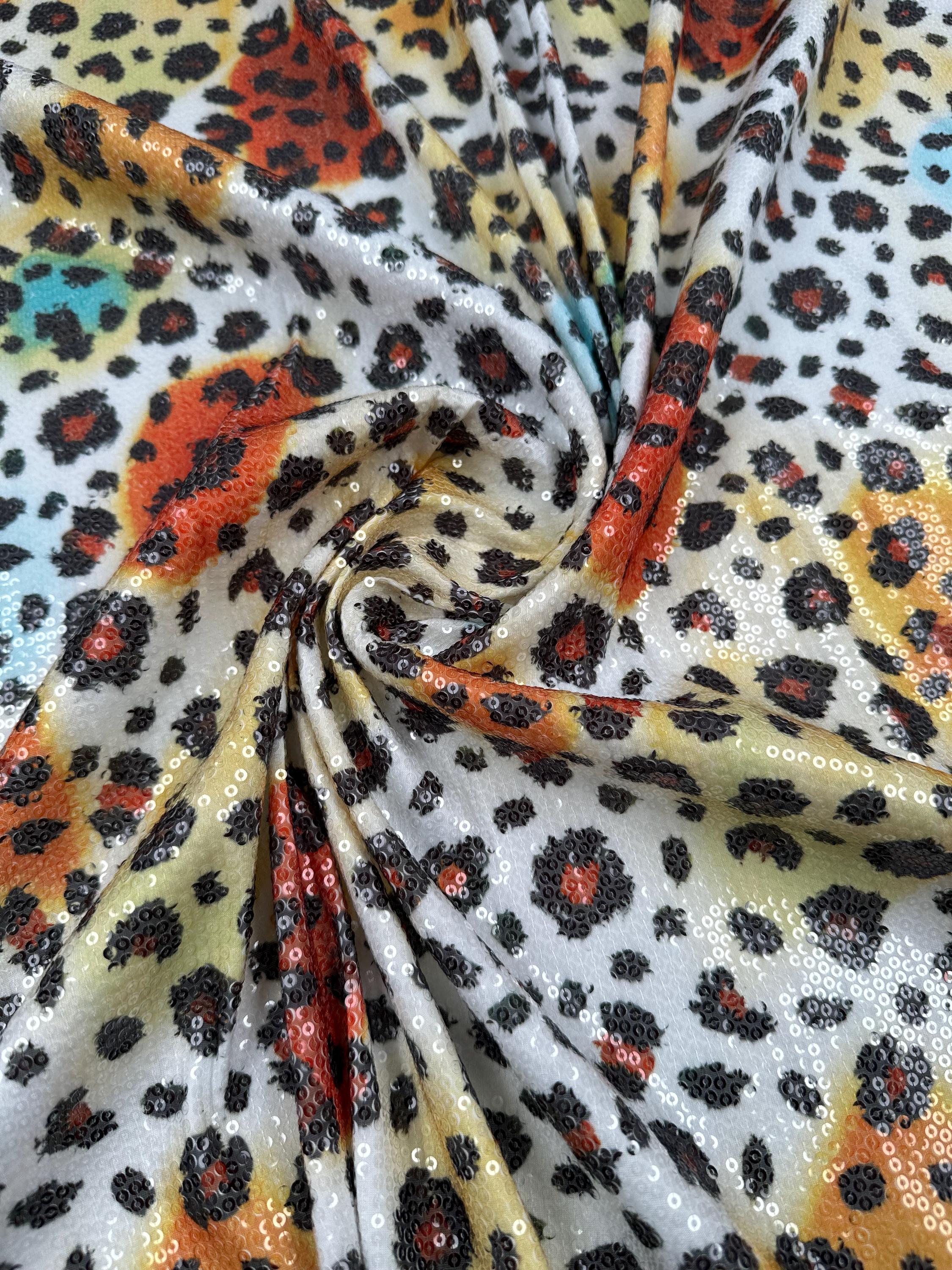Colorful Leopard Print Sequin Fabric, Exotic Animal Print, Watercolor ...