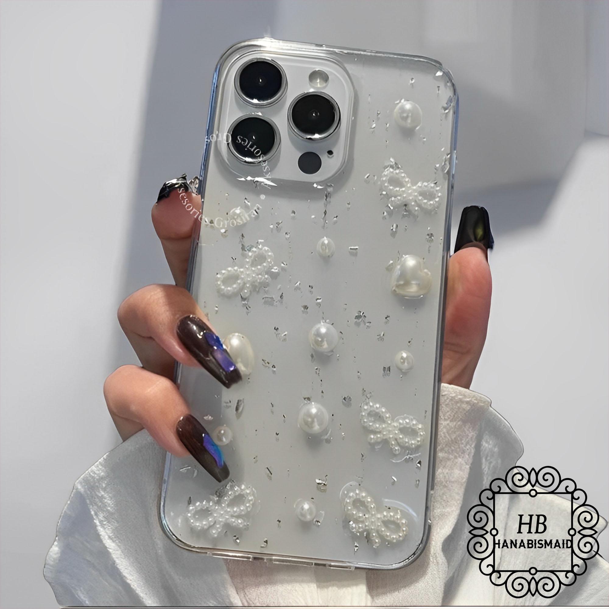 3D Pearl Heart Ribbon Transparent Glitter Case for iPhone Stylish ...