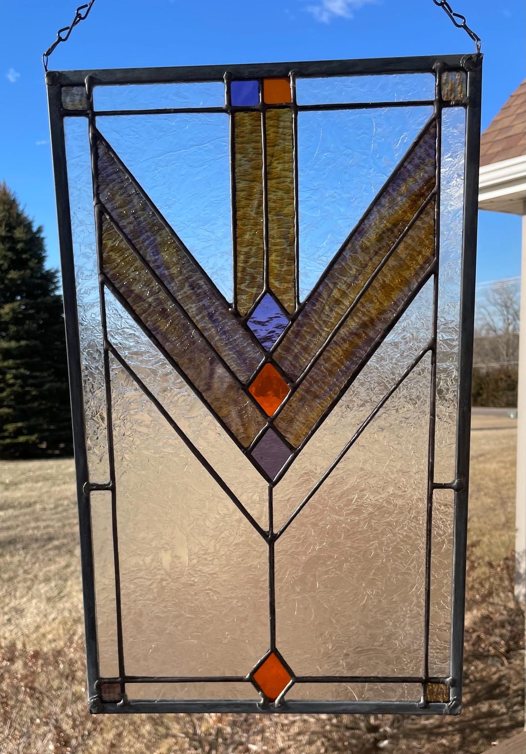 Art Deco Stained Glass Window Panel: Amber, Brown, Purple (11” X 18 ...