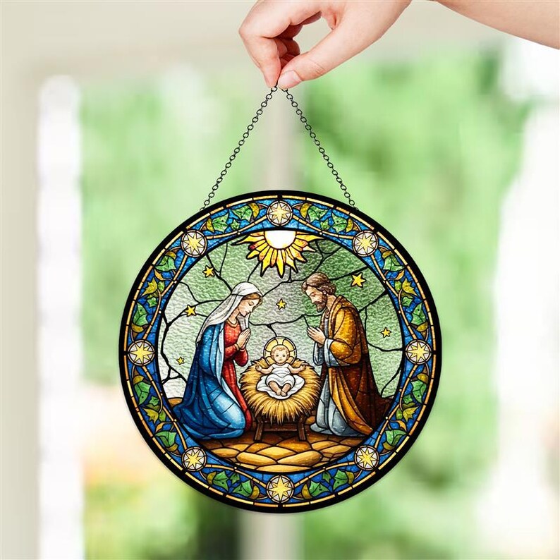 Nativity Scene Glass Suncatcher, Nativity Holy Family Scene, Christmas ...