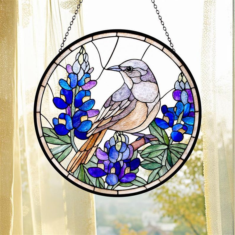 Texas Glass Suncatcher With Mockingbird and Bluebonnet, Stained Glass ...