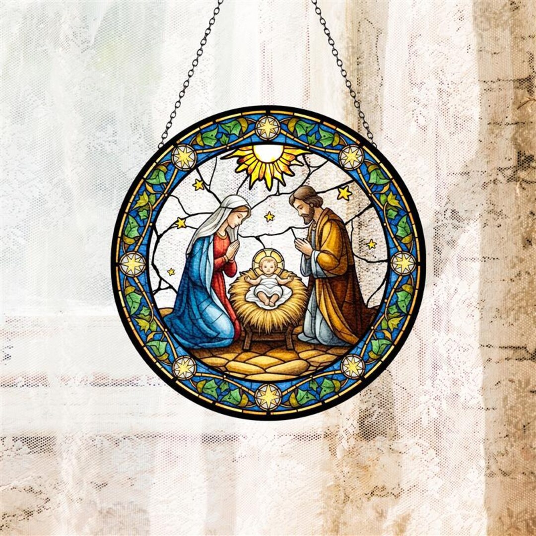 Nativity Scene Glass Suncatcher, Nativity Holy Family Scene, Christmas ...