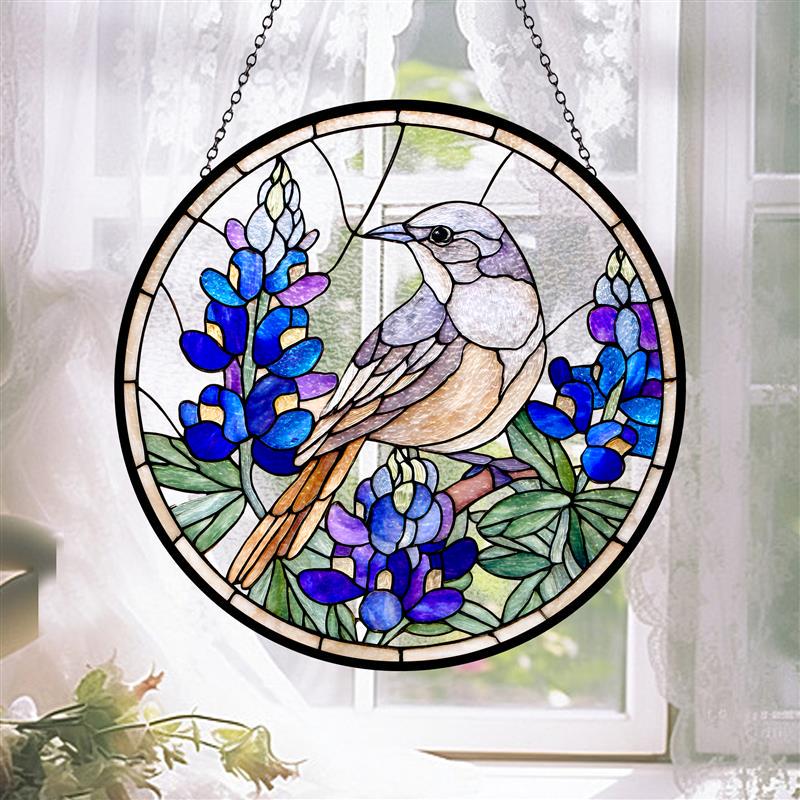 Texas Glass Suncatcher With Mockingbird and Bluebonnet, Stained Glass ...