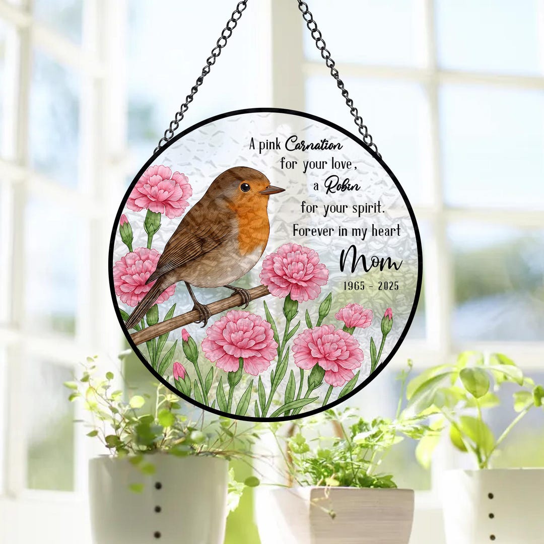 Custom Mom Memorial Suncatcher, Robin and Carnation Window Hanging - Etsy