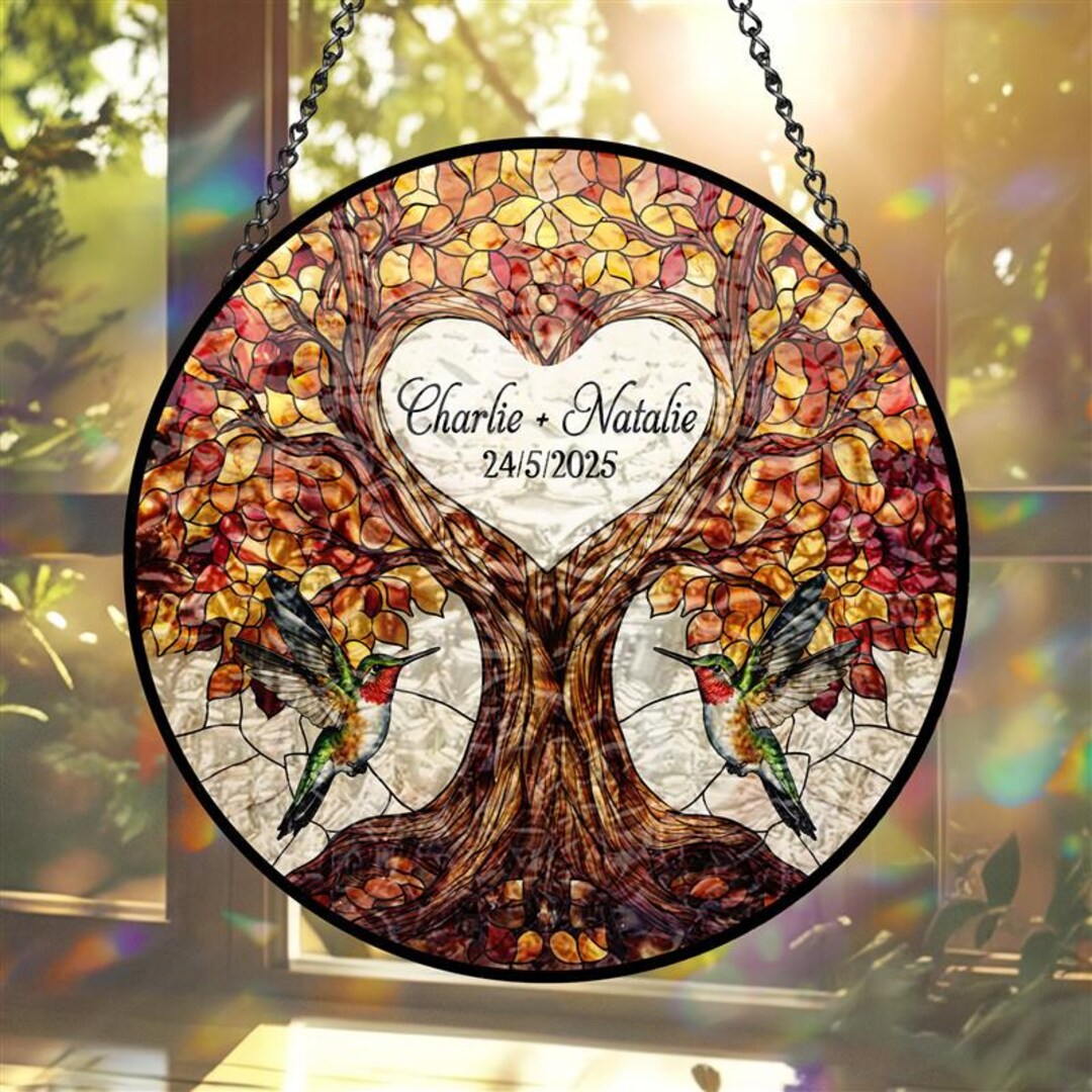 Personalized Stained Glass Suncatcher, Tree of Life, Hummingbirds ...