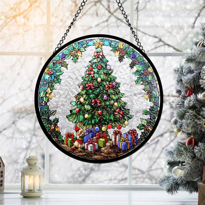 Christmas Tree Glass Suncatcher, Festive Holiday Window Ornament - Etsy UK
