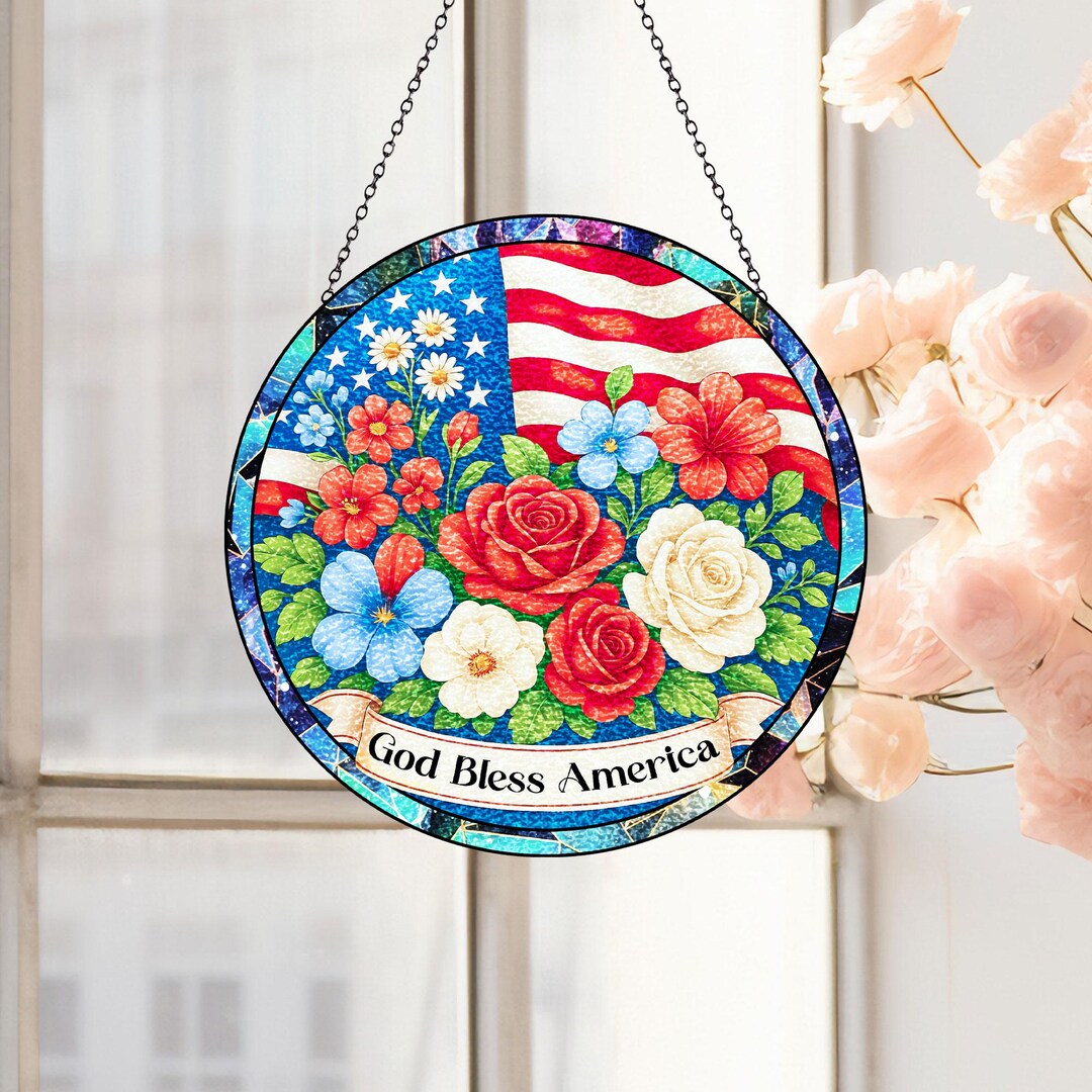 Floral American Flag Suncatcher, Patriotic Window Hanging - Etsy