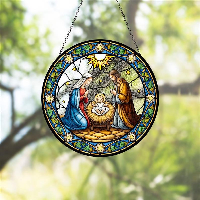 Nativity Scene Glass Suncatcher, Nativity Holy Family Scene, Christmas ...