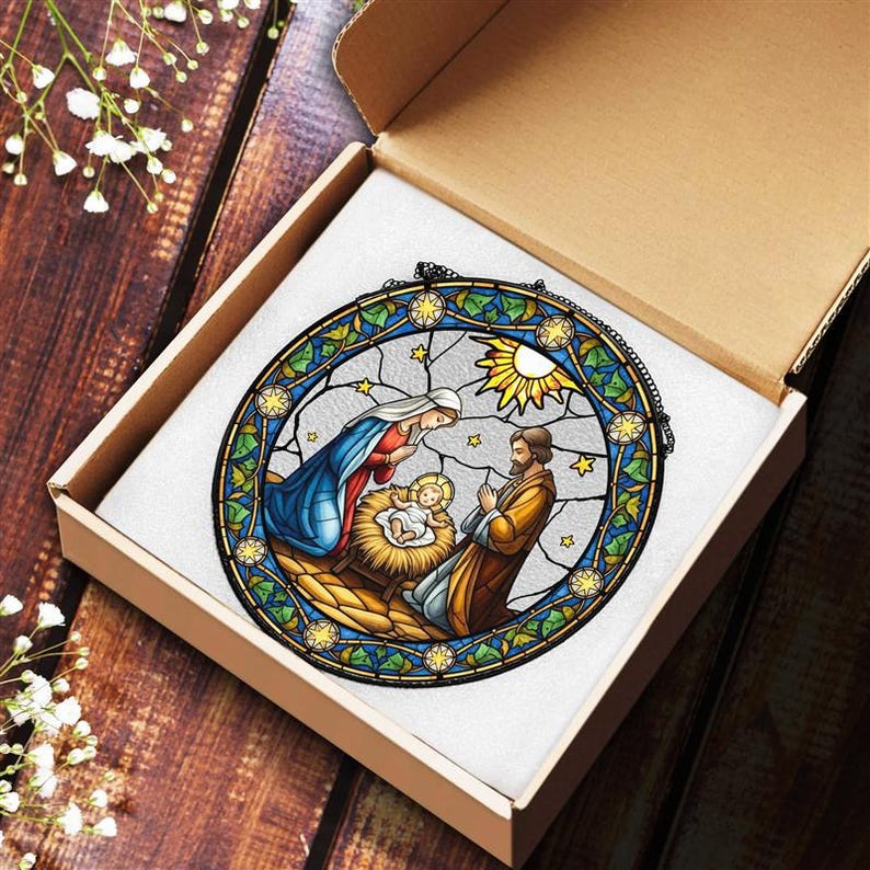 Nativity Scene Glass Suncatcher, Nativity Holy Family Scene, Christmas ...