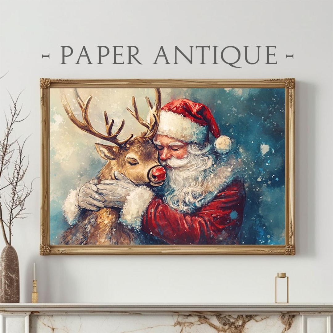 Printable Santa and Rudolph Hugging Oil Painting Festive Christmas Wall ...