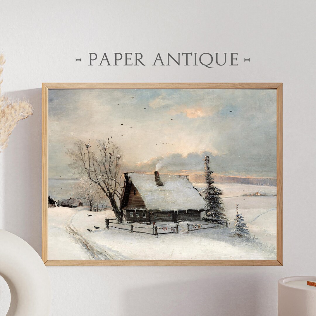Printable Wall Art Landscape Oil Painting Snowy Winter Cottage Scenic ...