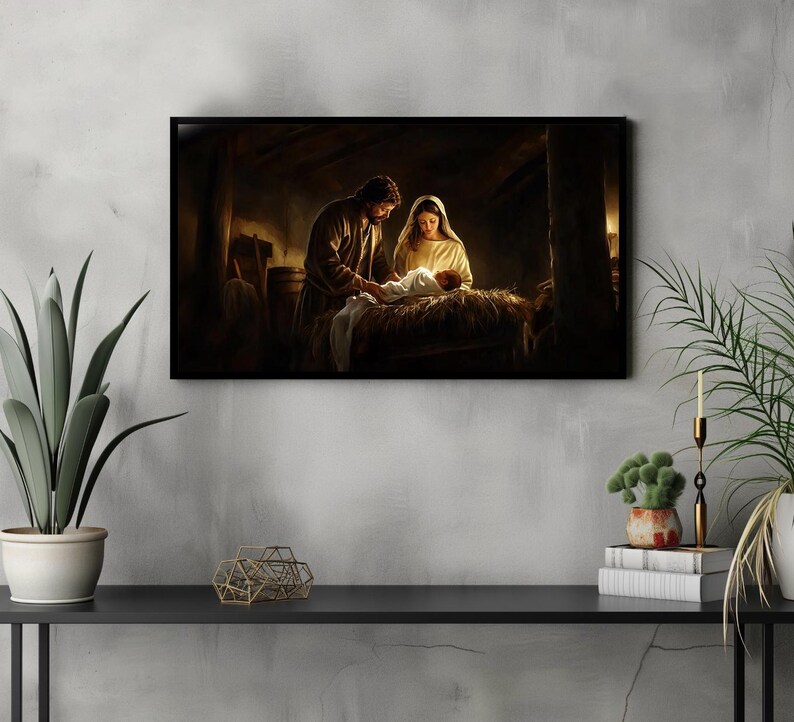 Frame TV Art Nativity Scene Holy Family in Barn Rustic Painting Style ...