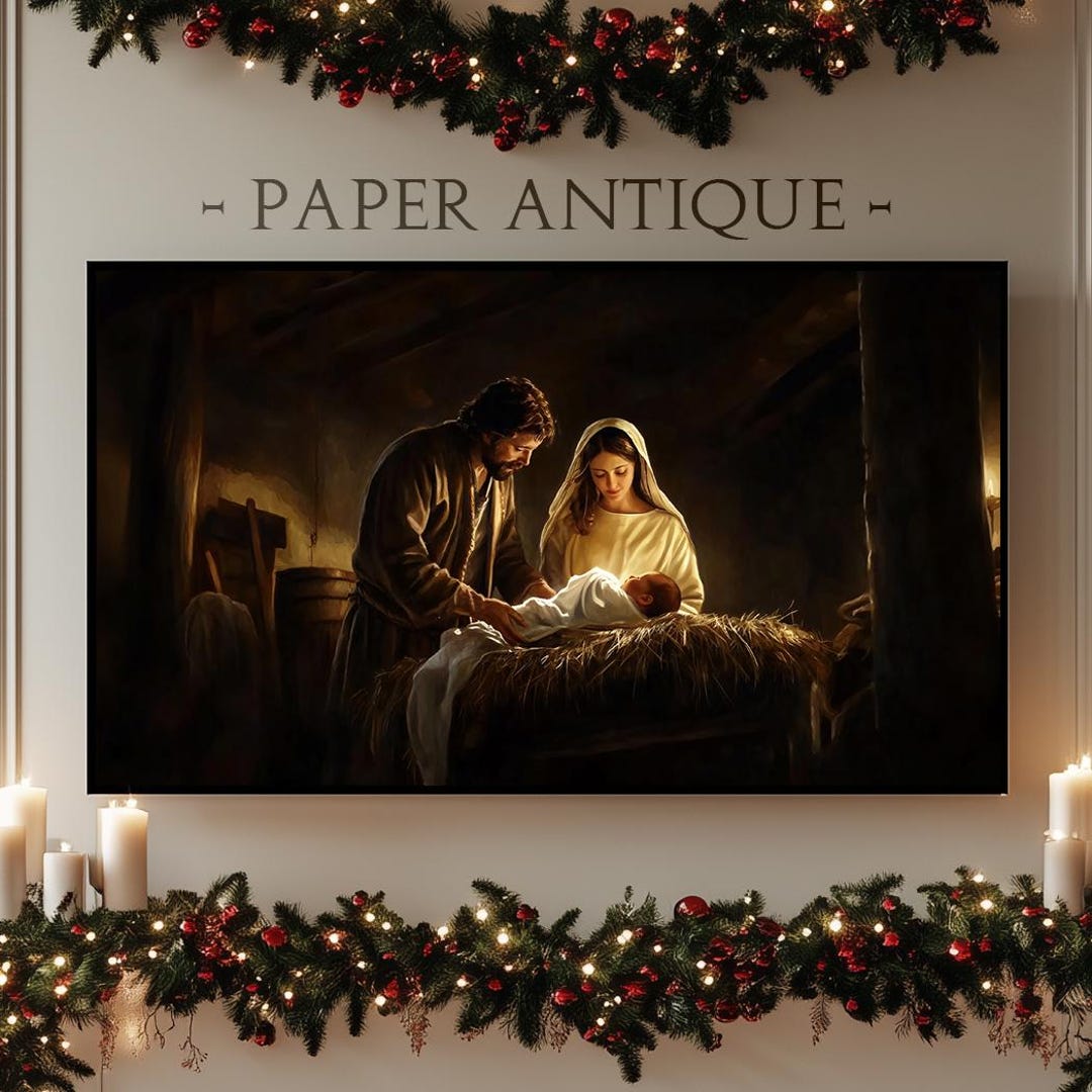 Frame TV Art Nativity Scene Holy Family in Barn Rustic Painting Style ...