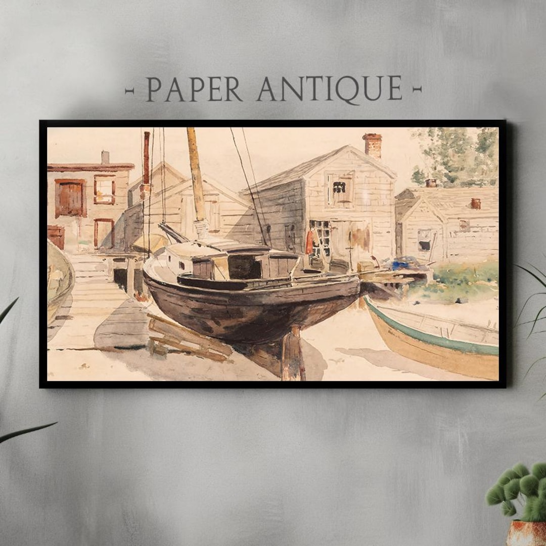 Vintage Watercolor Nautical Fishing Boat Dock Scene Coastal Town Harbor ...