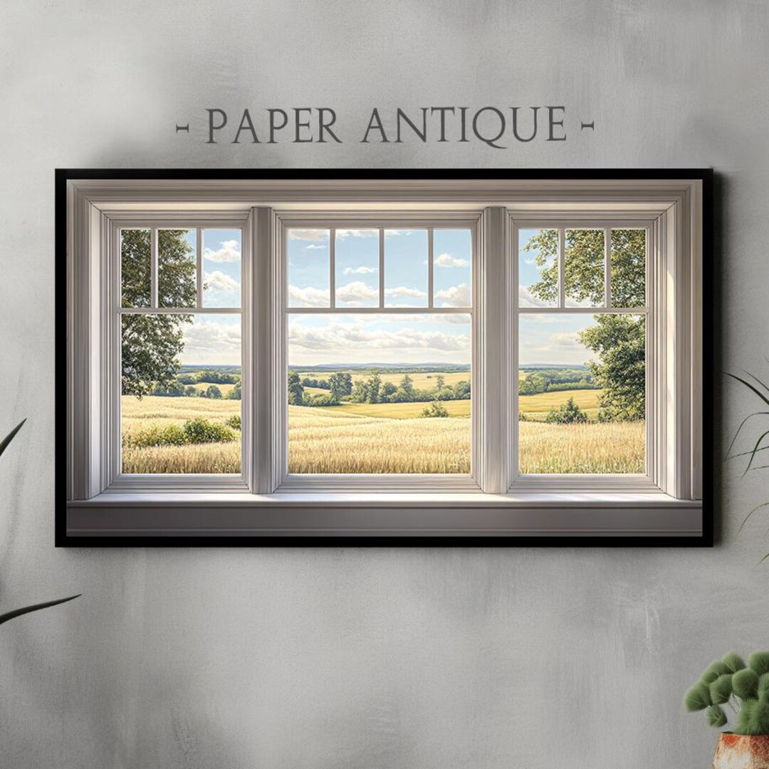 Serene Countryside View Through Window Landscape Painting Rustic Art ...