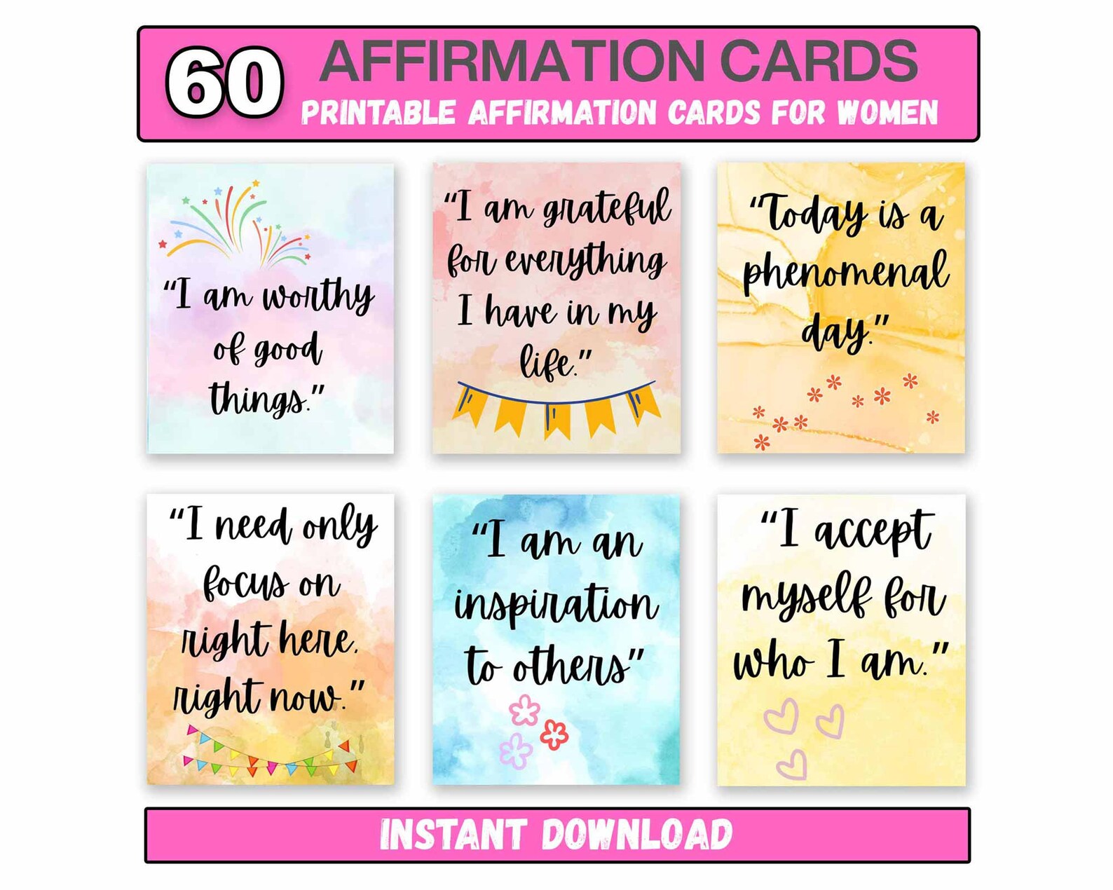 60 Printable Affirmation Cards for Women: Daily Motivation, Positivity ...