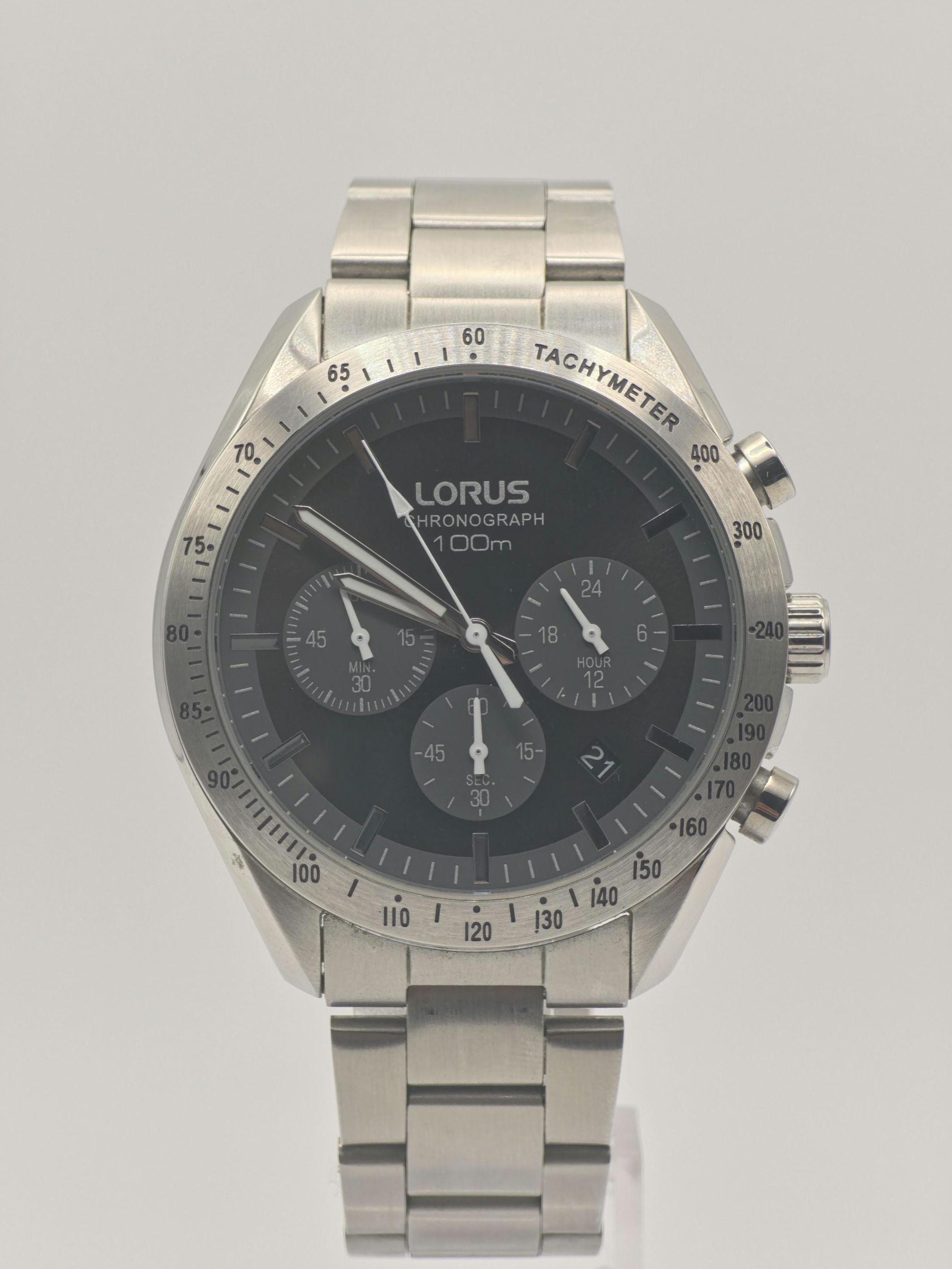 LORUS Chronograph Watch: Black Dial, Stainless Steel Tachymeter, 100M ...