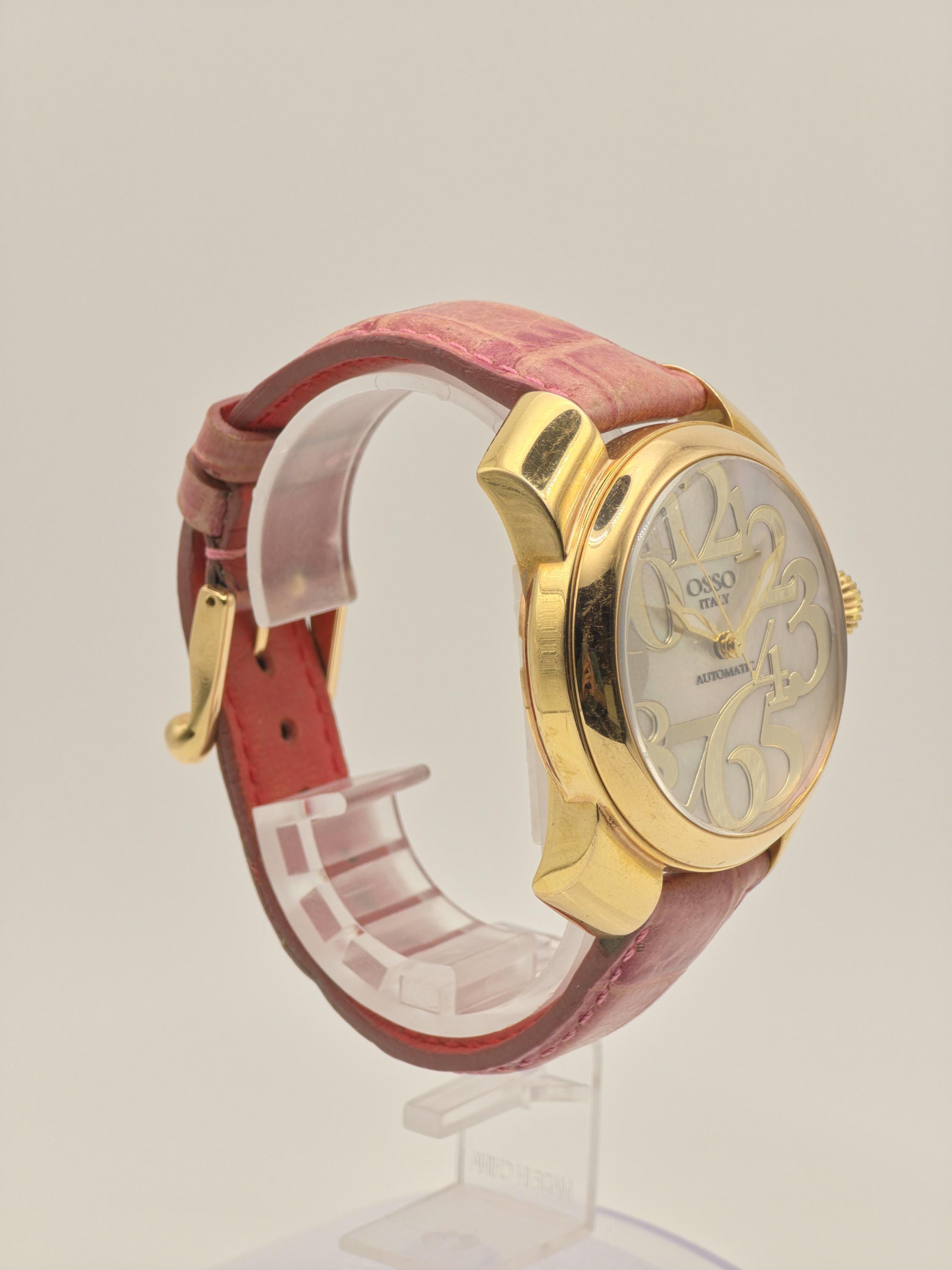 OSSO ITALY Automatic Mens Watch – Gold Case, Pink Leather Strap, Box ...
