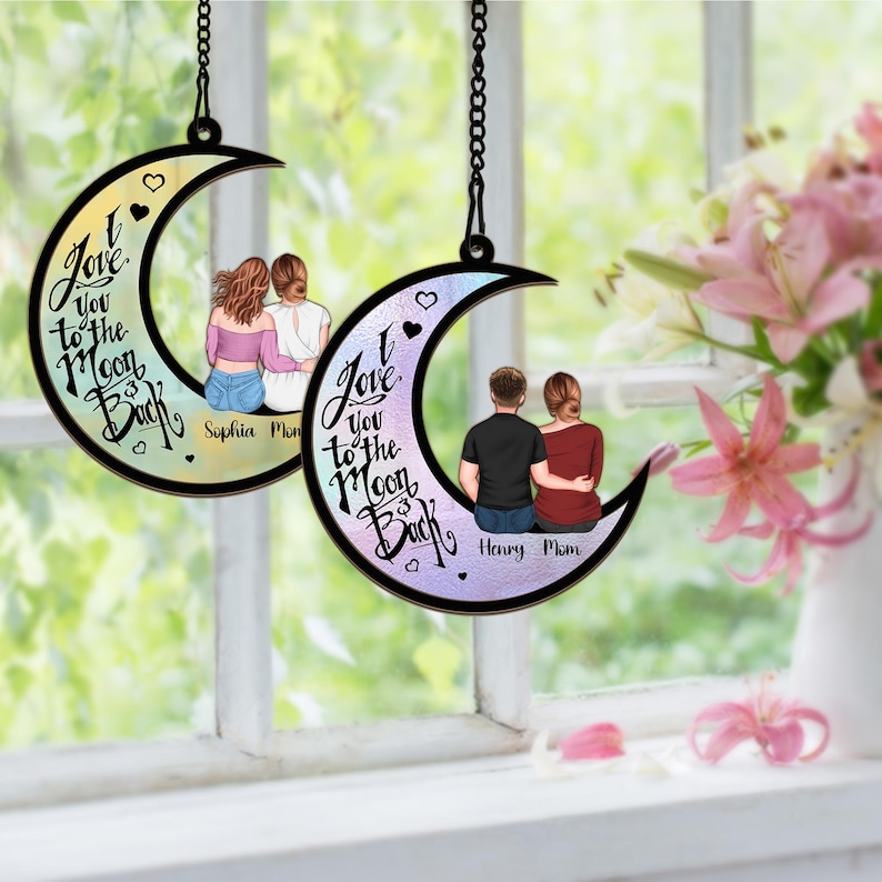 Personalized Mom and Daughter Moon Suncatcher, Birth Month Flowers - Etsy