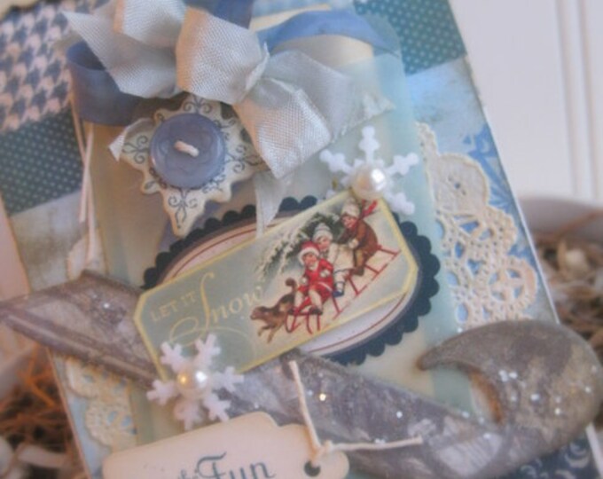 Vintage Winter Card- Children on Sled Card- Let It Snow Card- ENJOY the ...