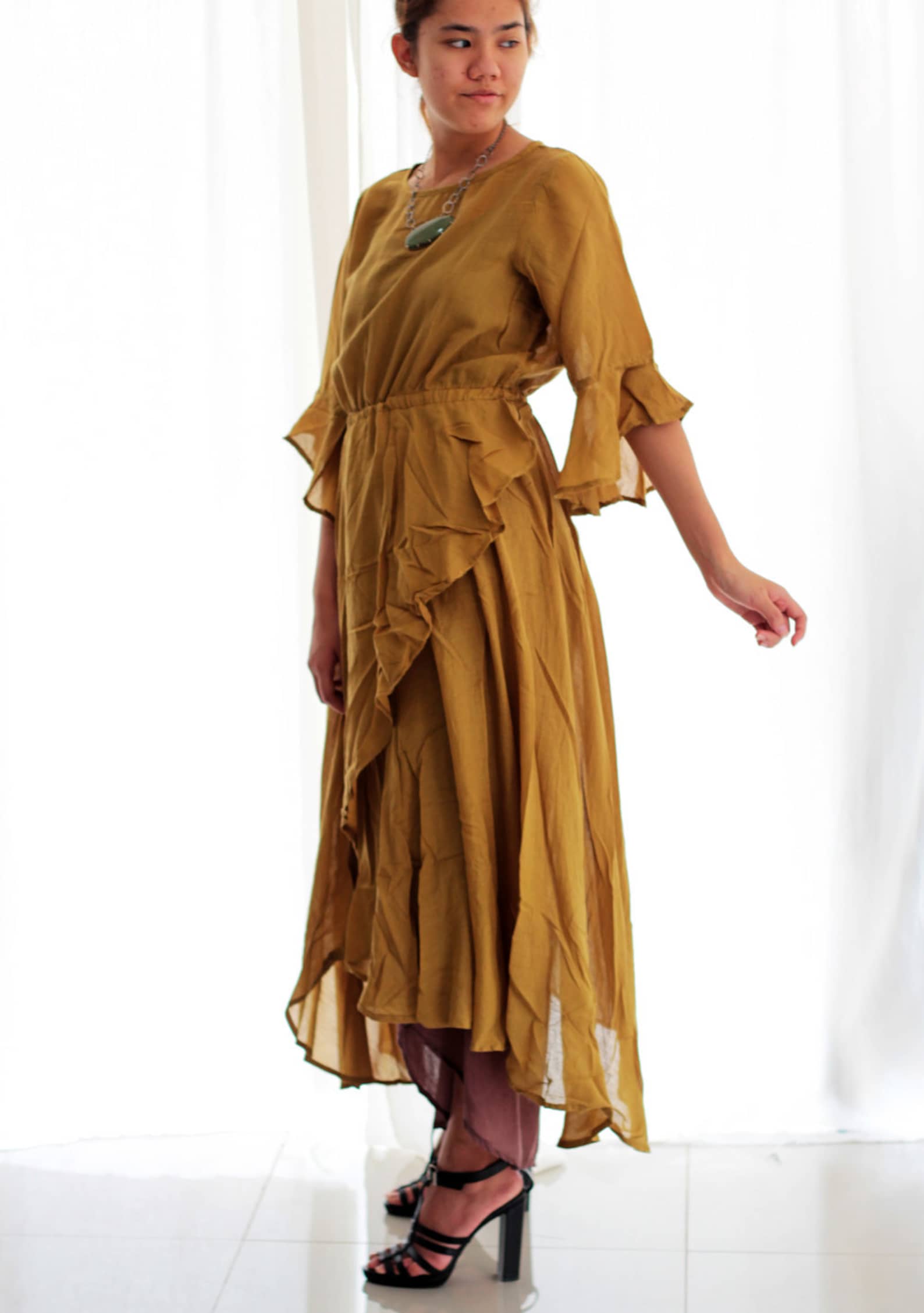 Long Dress Mustard Mixed Silk Size M (1182) Floral Beach Dress - Etsy